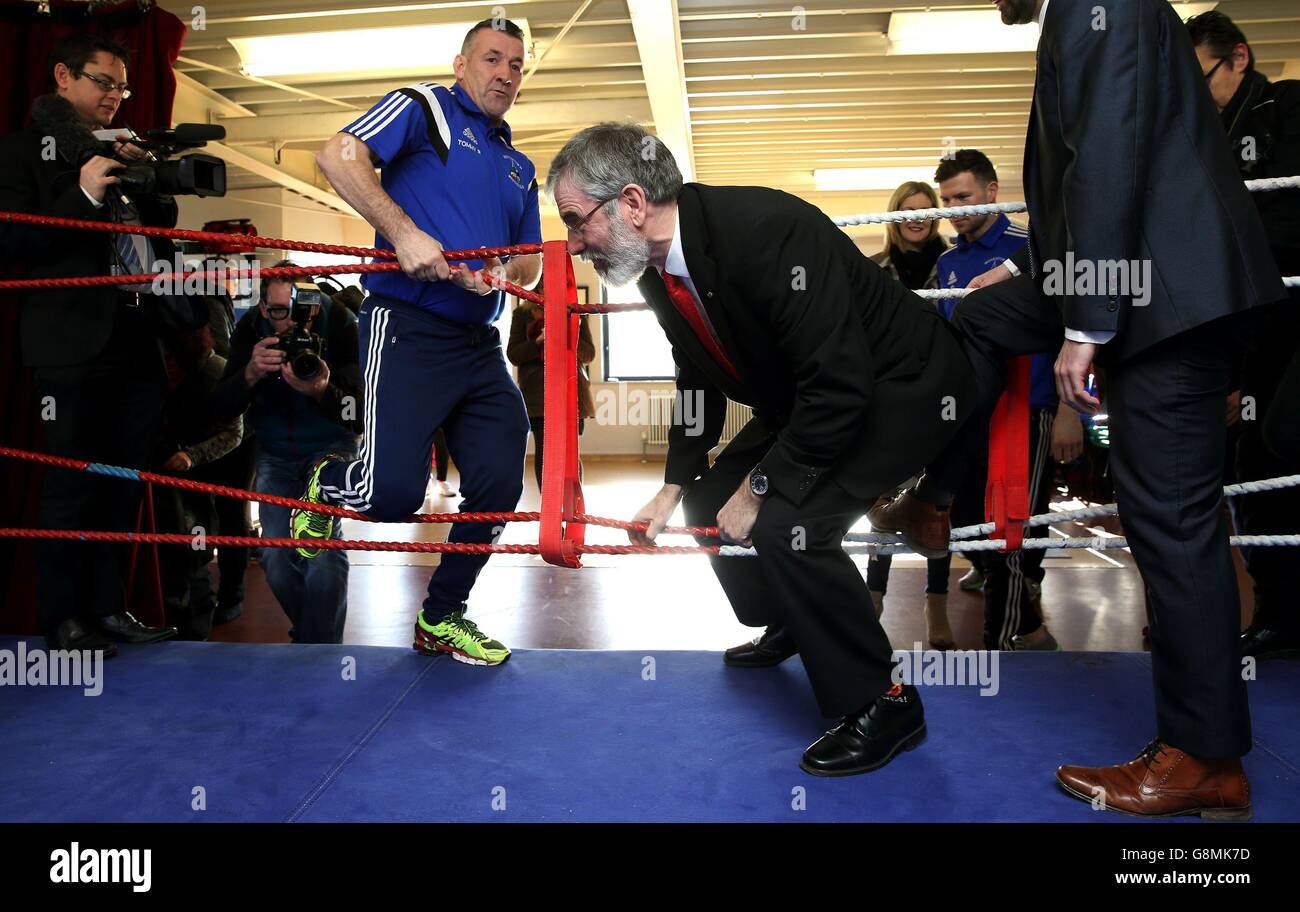 Sinn Fein leader Gerry Adams enters a boxing ring during a visit to ...