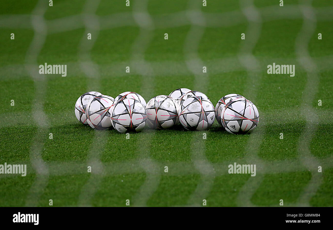 Detail of UEFA Champions League footballs on the pitch Stock Photo - Alamy