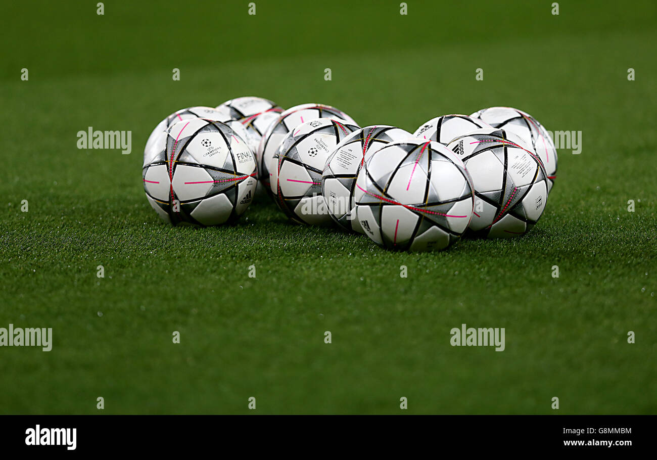 Detail of UEFA Champions League footballs on the pitch Stock Photo - Alamy