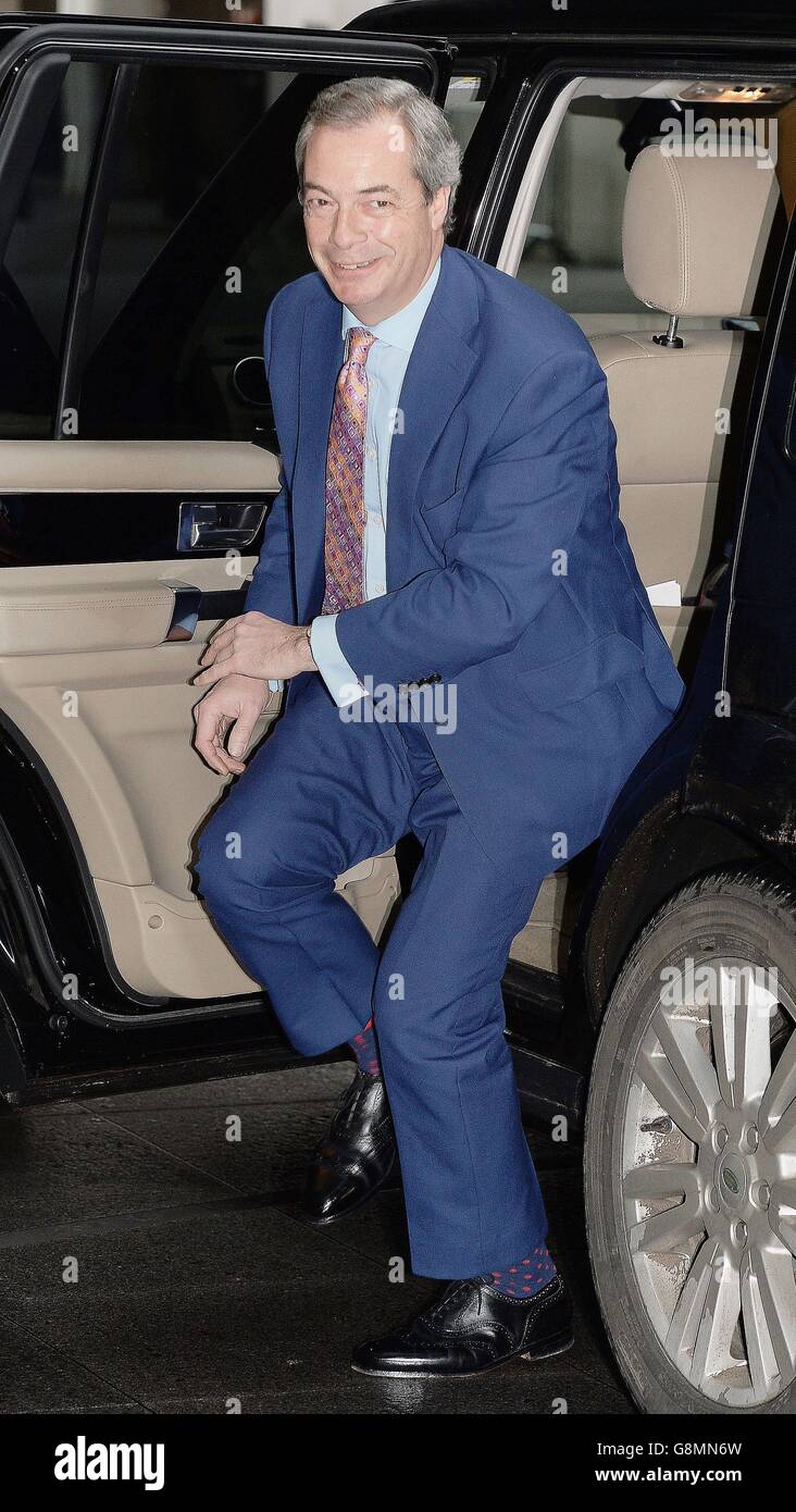 Ukip leader Nigel Farage arrives at BBC Broadcasting House in London ...