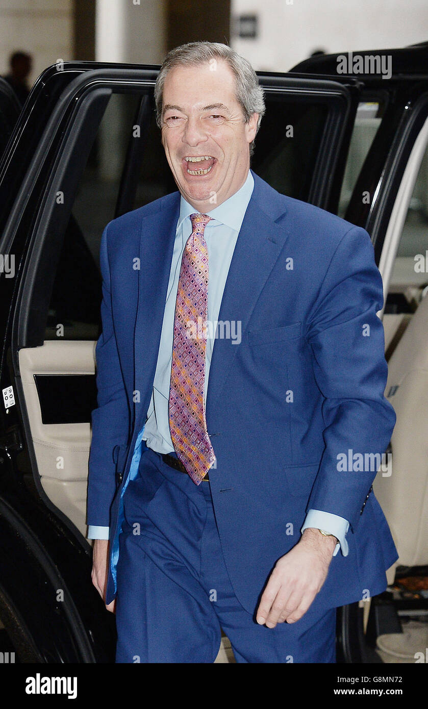 Ukip leader Nigel Farage arrives at BBC Broadcasting House in London ...