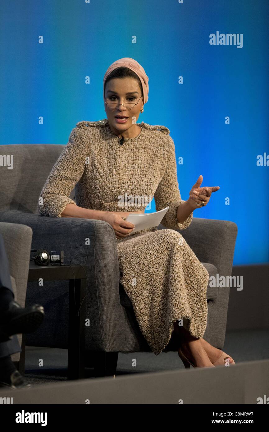 Qatar's Sheikha Moza bint Nasser speaks during the first focus event on ...