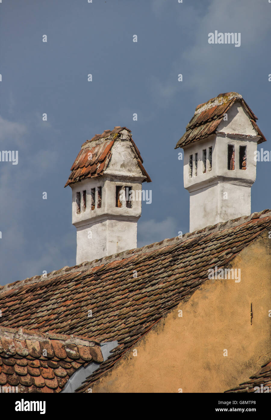 Typical traditional chimney in transylvanian Sighisoara, Romania Stock ...