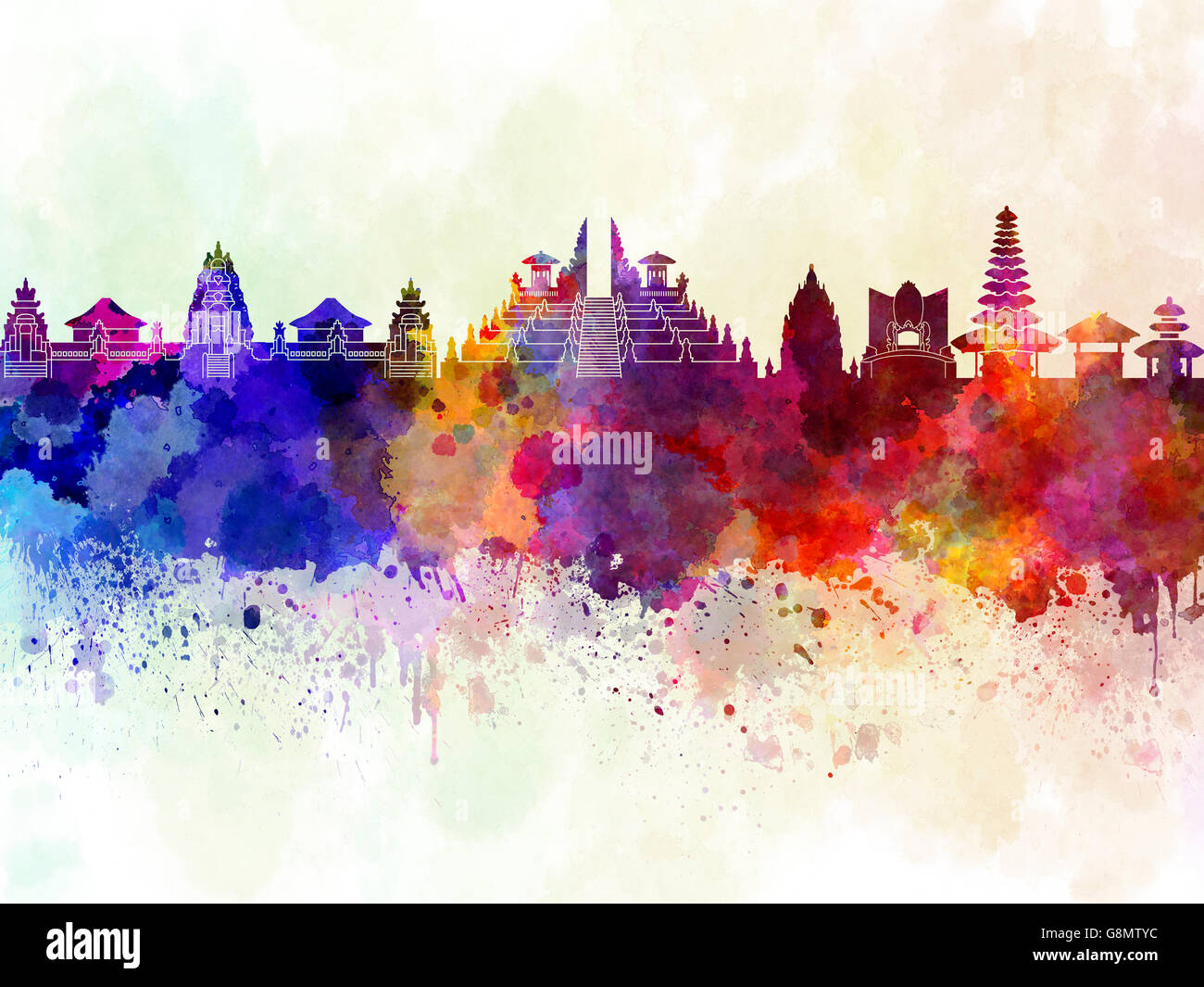 Bali skyline in watercolor background Stock Photo - Alamy