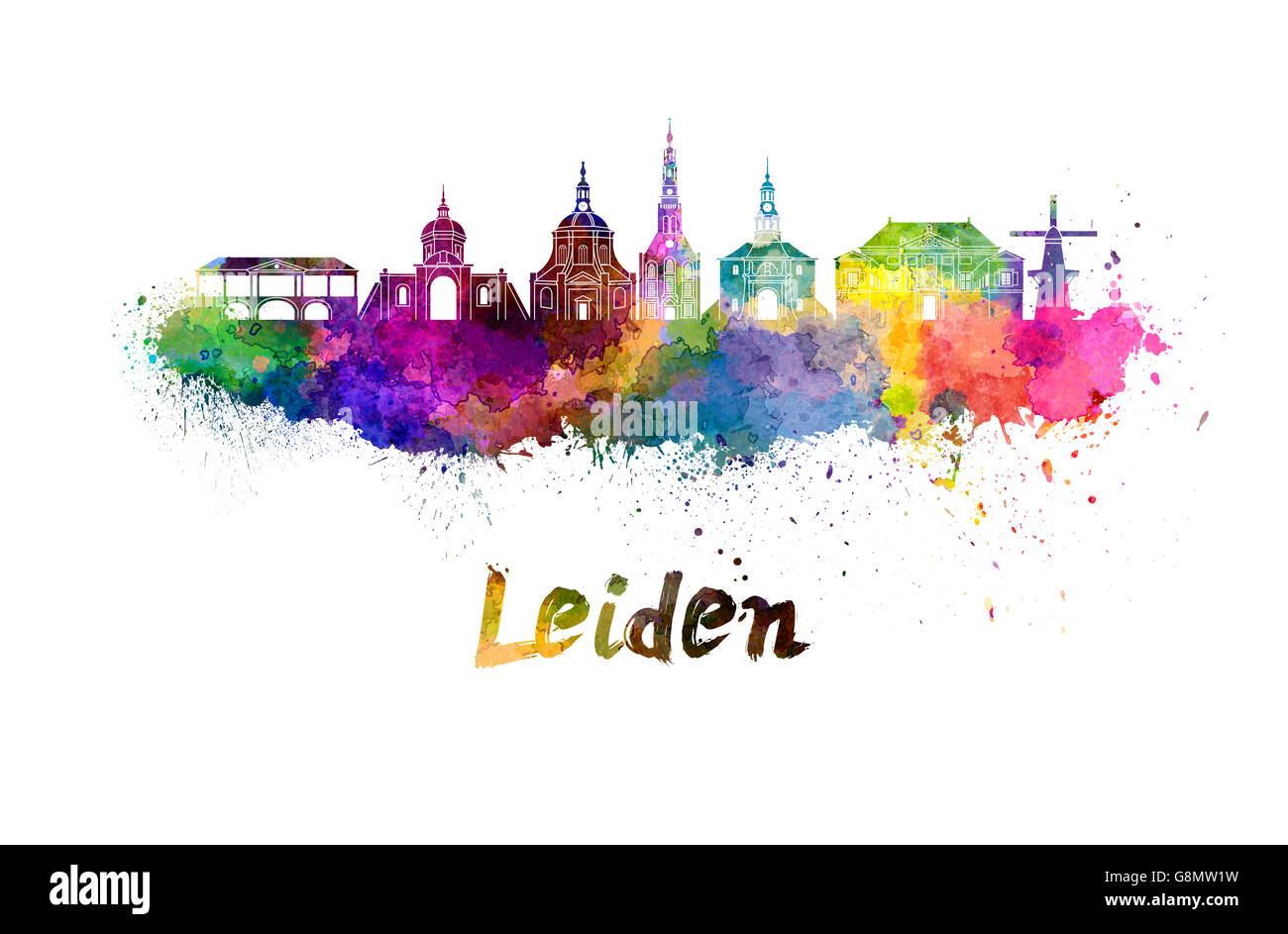 Leiden skyline in watercolor splatters with clipping path Stock Photo ...