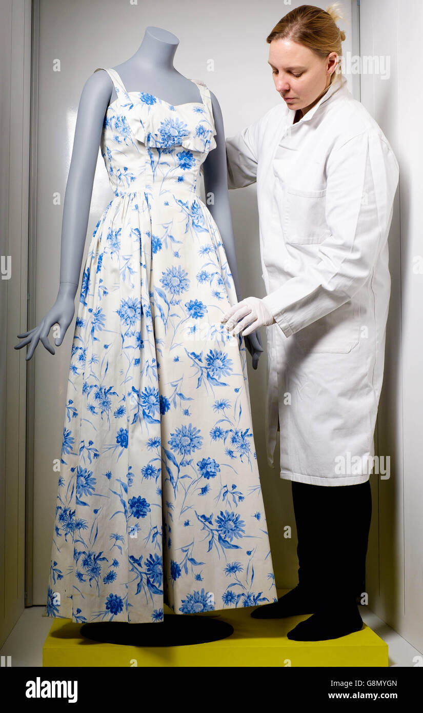 EDITORIAL USE ONLY A Horrockses evening gown of white cotton printed ...