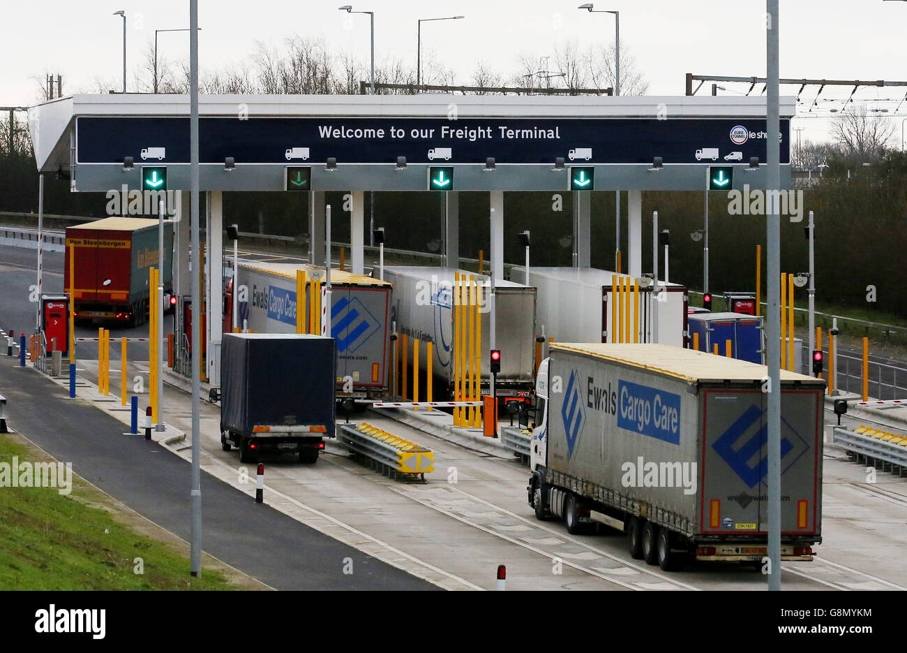 Lorries arrive at Eurotunnel in Folkestone, Kent, during the ...