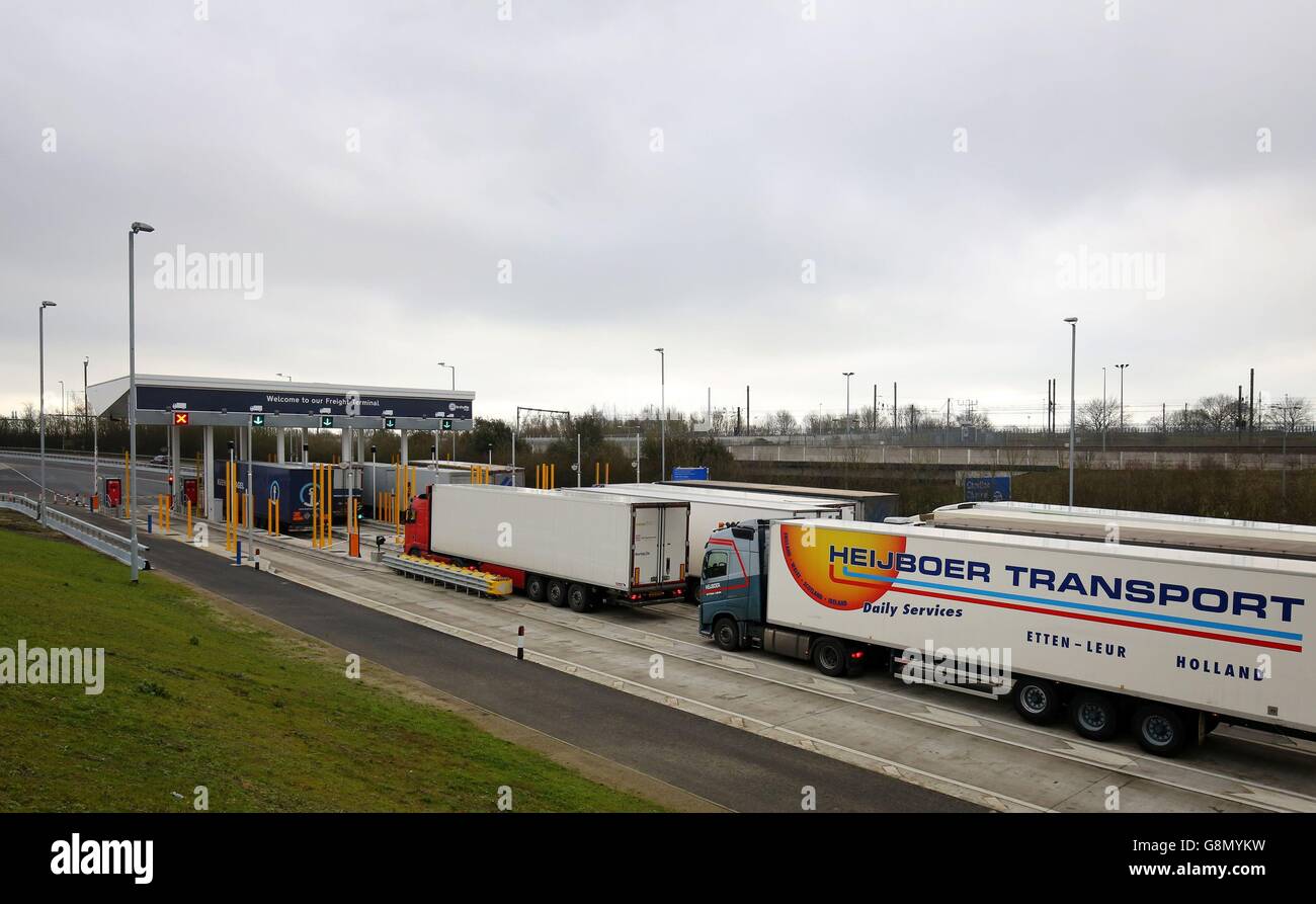Lorries arrive at Eurotunnel in Folkestone, Kent, during the ...