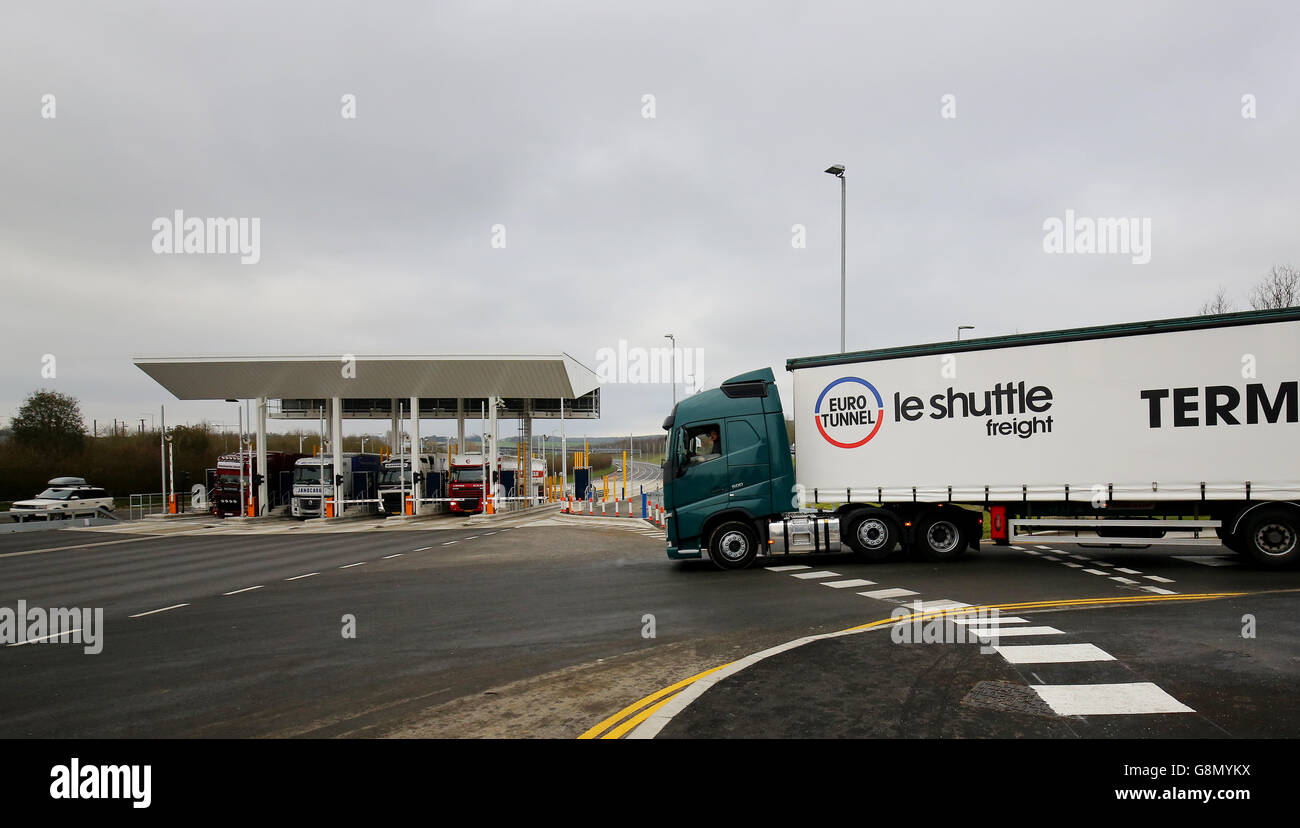 Lorries arrive at Eurotunnel in Folkestone, Kent, during the ...