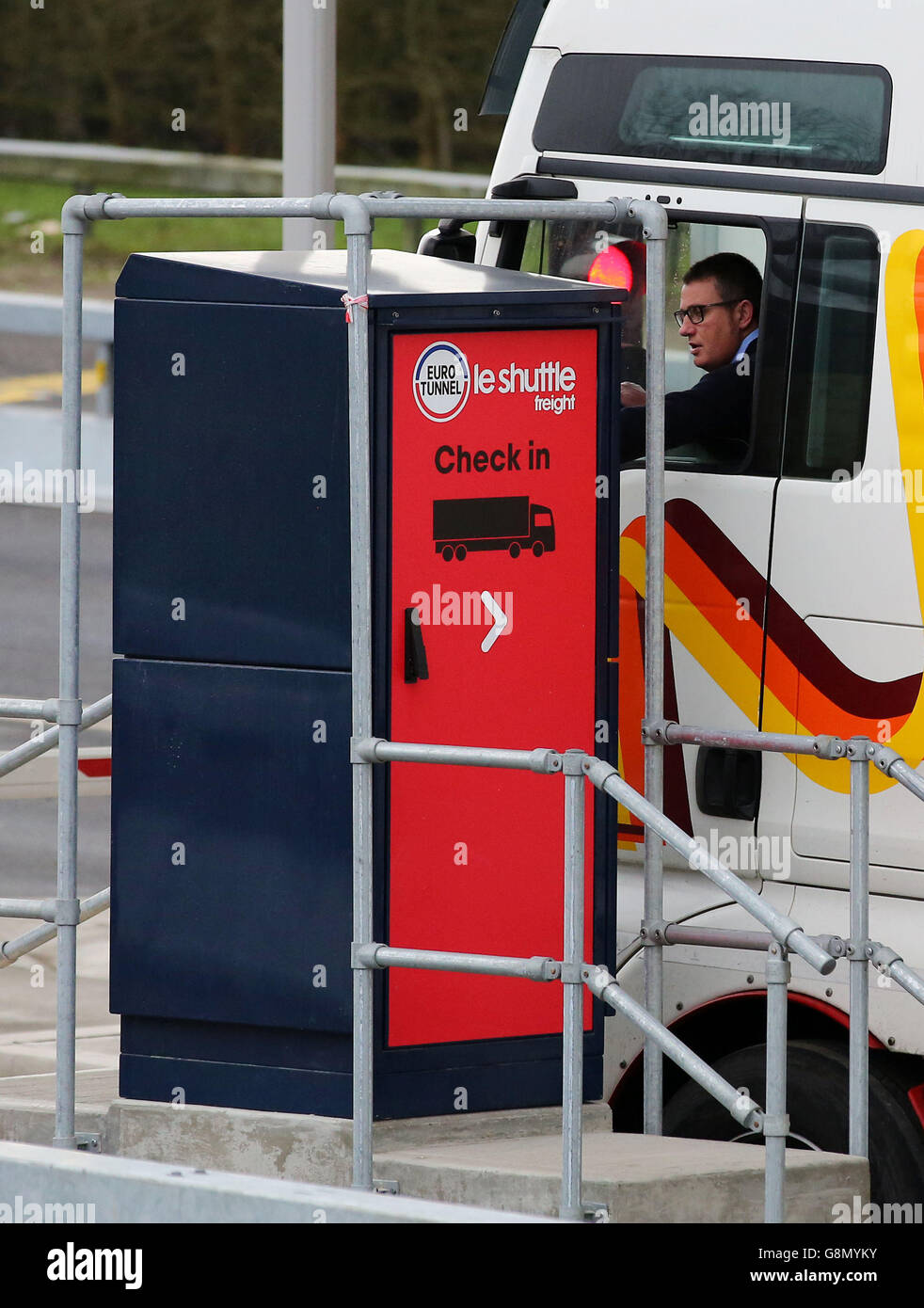 Lorries arrive at Eurotunnel in Folkestone, Kent, during the ...