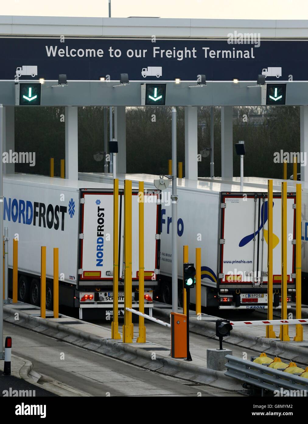 Lorries arrive at Eurotunnel in Folkestone, Kent, during the ...