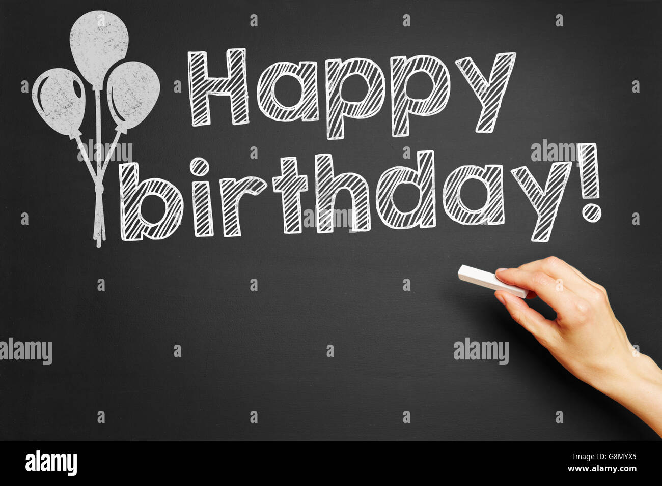 Hand writes "Happy birthday!" on blackboard Stock Photo - Alamy