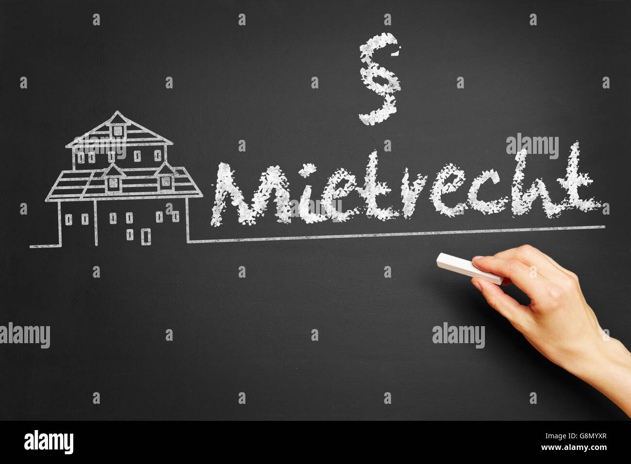 Hand writes in German "Mietrecht" (tenancy law) on blackboard Stock ...