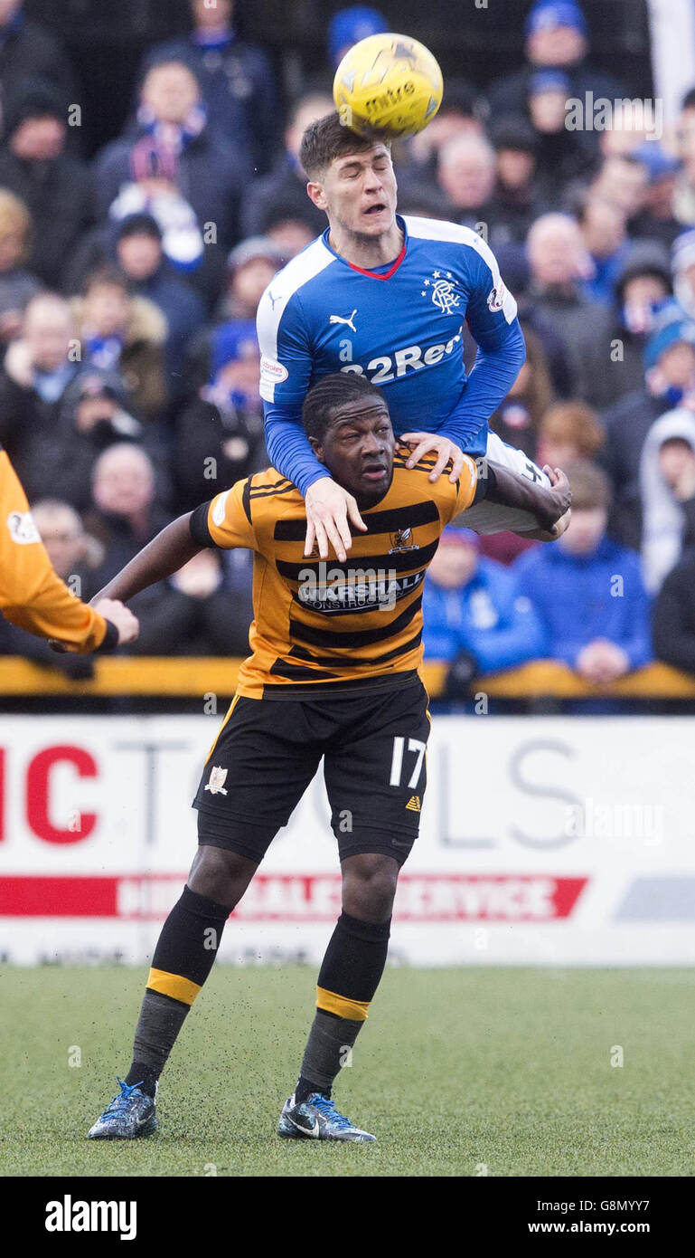 Alloa's Issac Layne and Rangers' Dominic Ball (top) battle for the ball ...