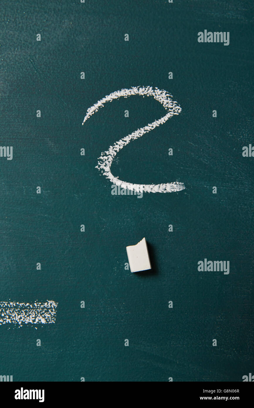 Question mark and piece of chalk on green chalkboard Stock Photo - Alamy
