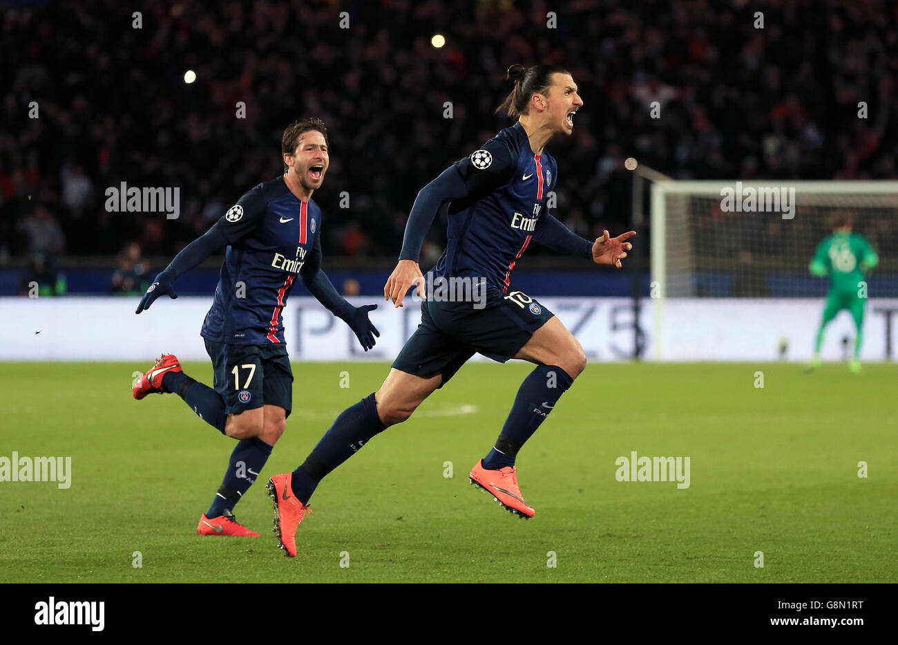 Paris Saint-Germain's Zlatan Ibrahimovic (right) celebrates scoring his ...