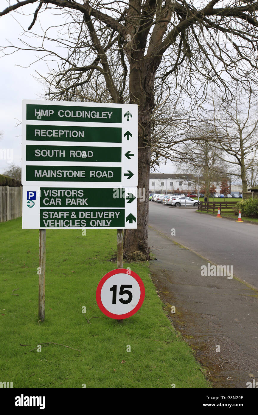 A sign at the entrance to HMP Coldingley, a Category C training prison ...