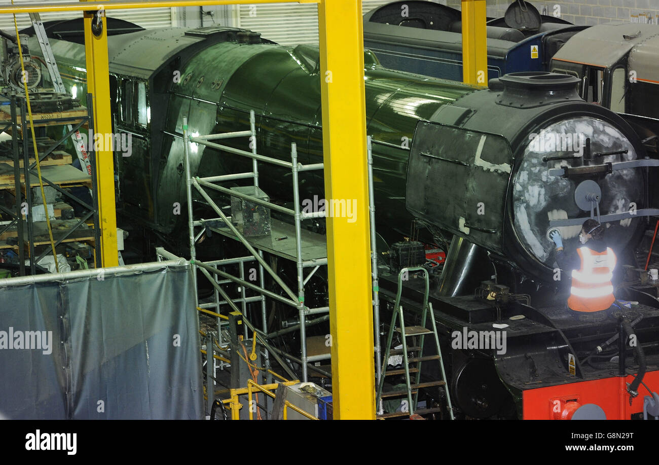 Alterations are made to the Flying Scotsman, freshly painted in green ...