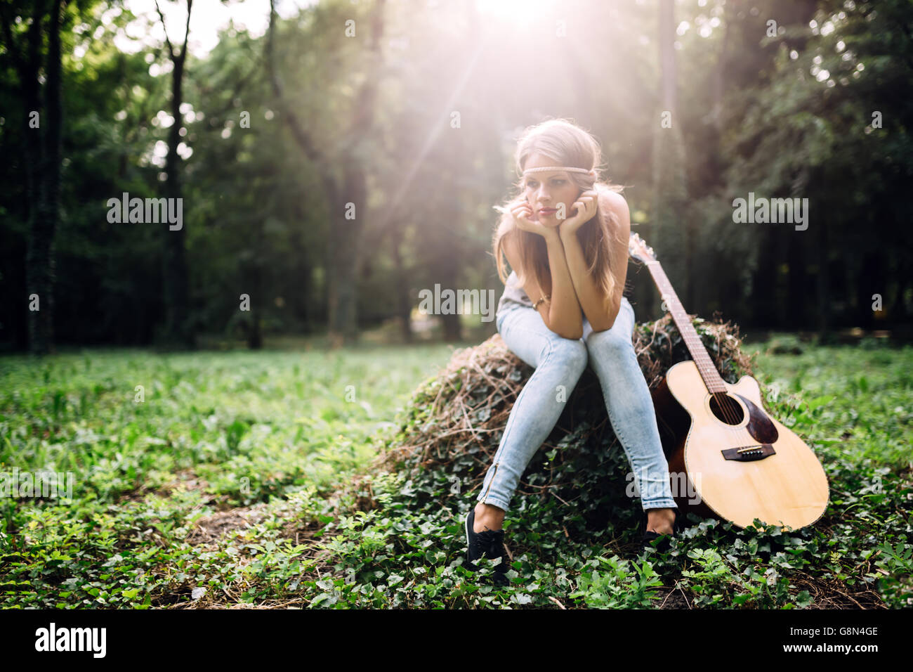 Heartbroken woman in nature needs time for heart to heal Stock Photo ...