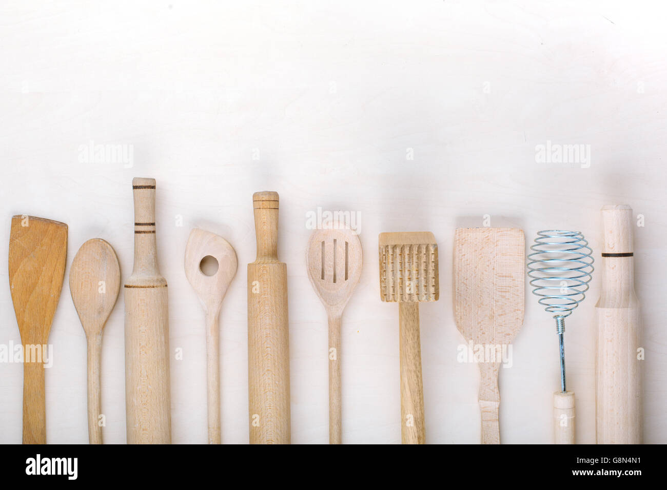 Top view studio shot of wooden objects for baking Stock Photo - Alamy