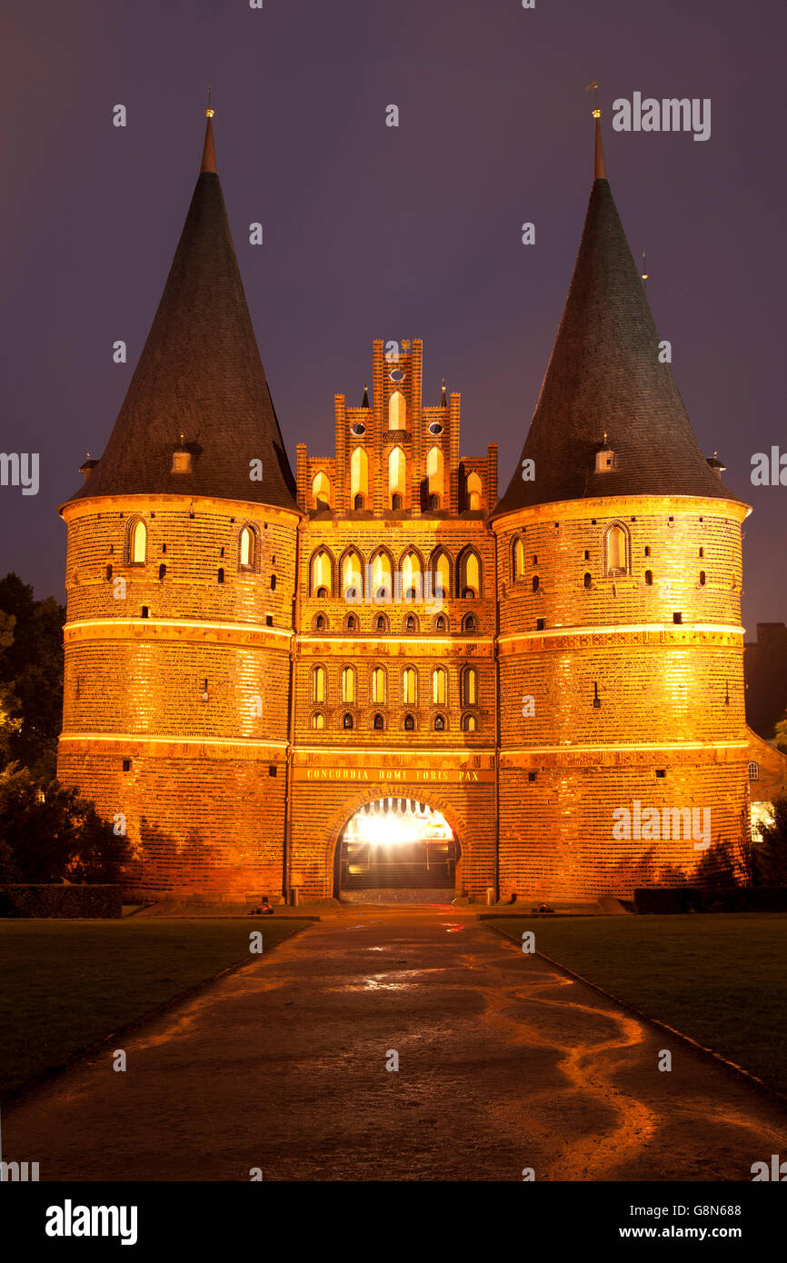 Holsten Gate at night, Luebeck, UNESCO World Heritage site, Bay of ...