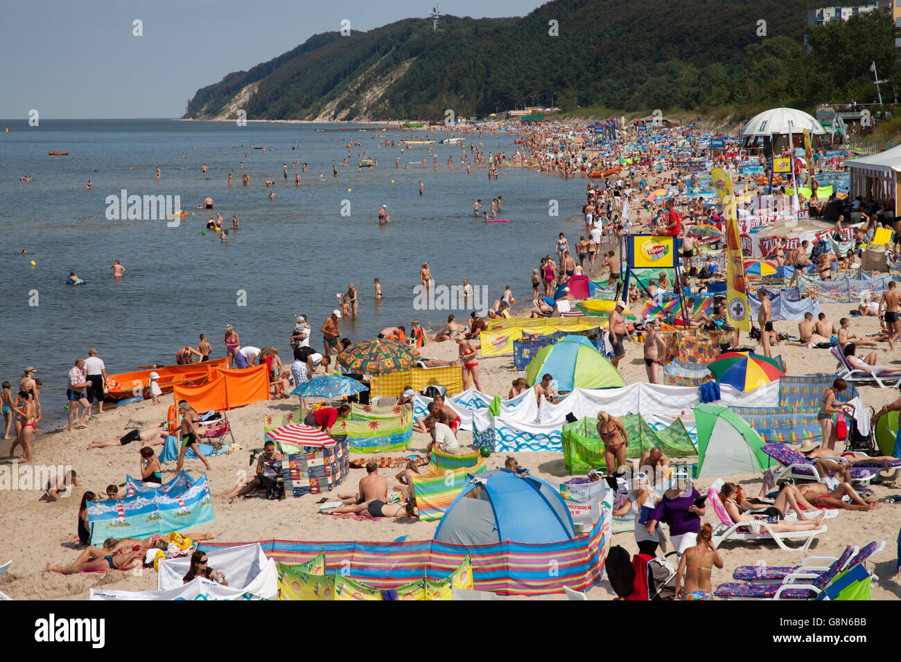 Lively beach, seaside resort of Międzyzdroje or Misdroy, Wolin Island ...