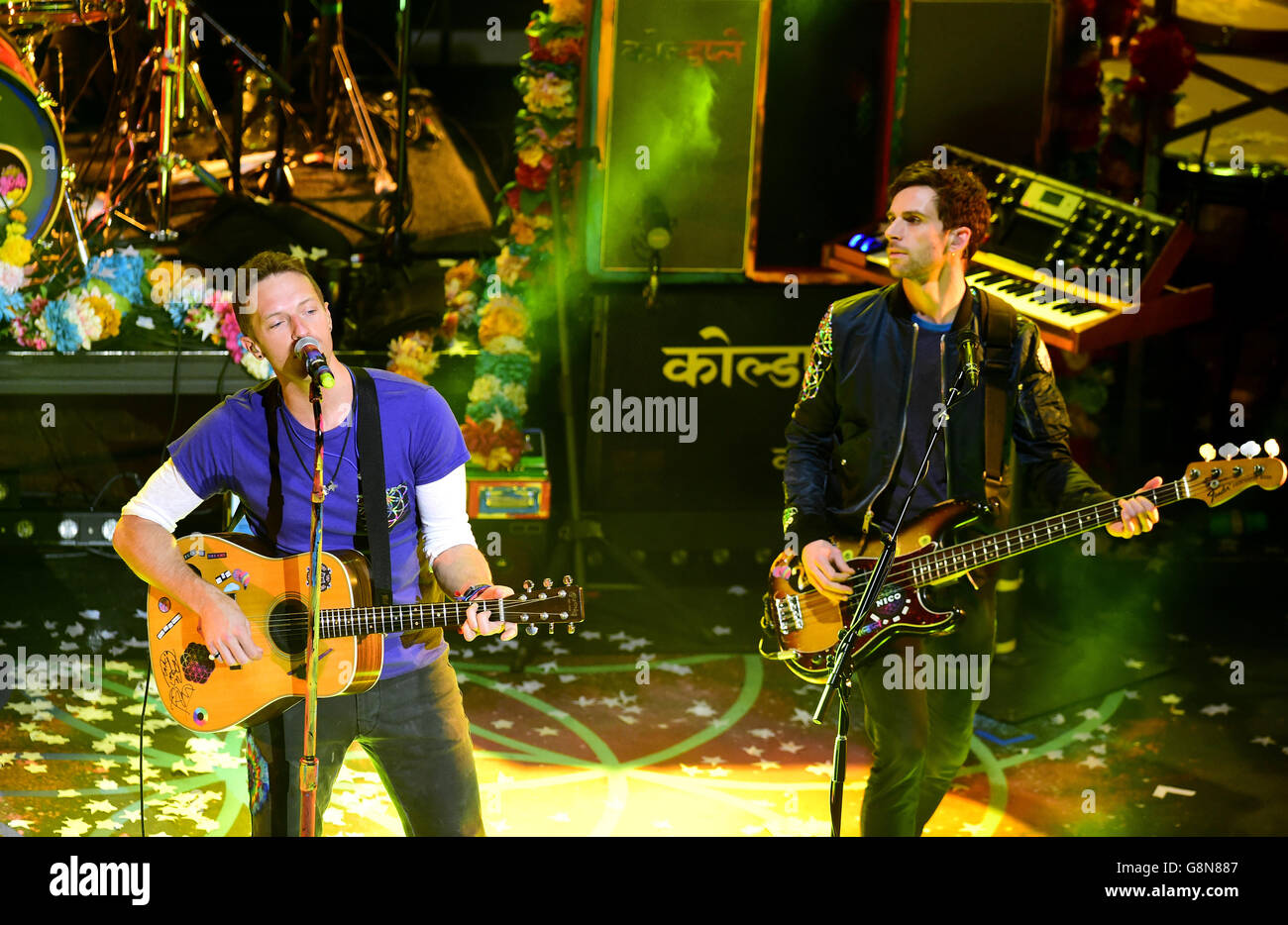 Chris Martin of Coldplay performs on stage during the NME Awards 2016 ...