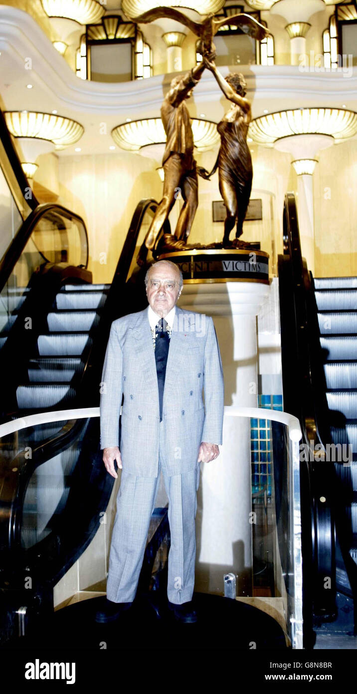 Harrods chairman Mohamed Al Fayed unveils a new memorial in the store ...