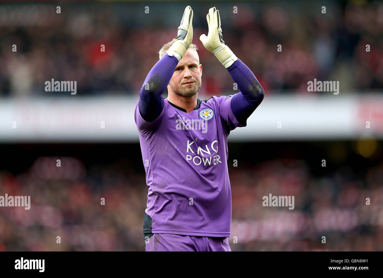 Leicester city goalkeeper kasper schmeichel applauds fans hi-res stock ...