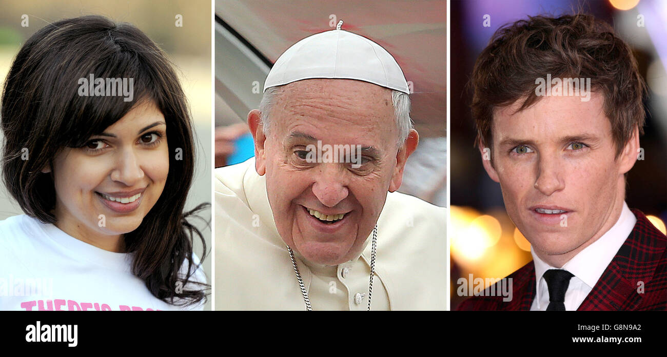 File photos of (from the left) Ariane Sherine, Pope Francis and Eddie ...
