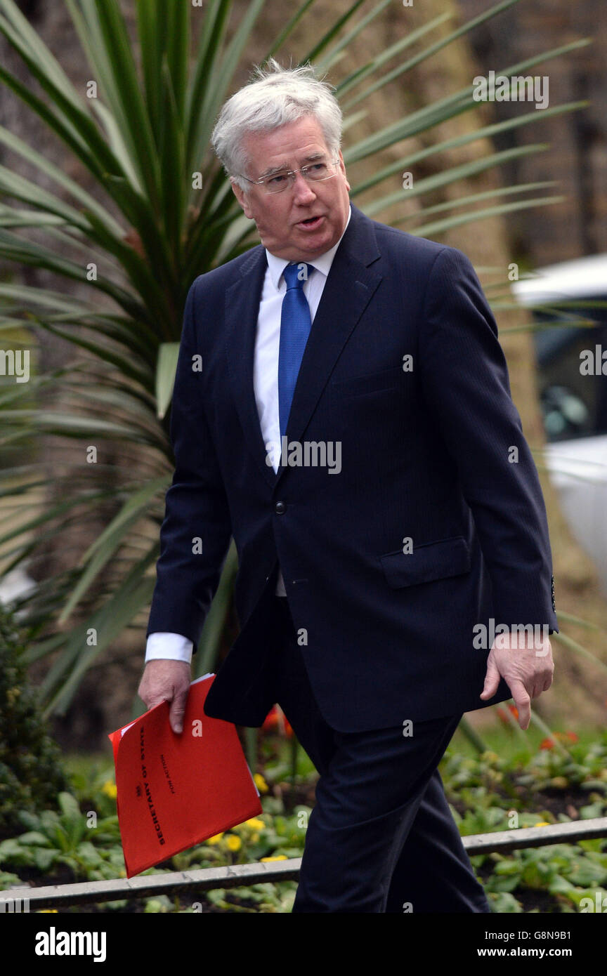 Defence Secretary Michael Fallon arrives at 10 Downing Street in London ...