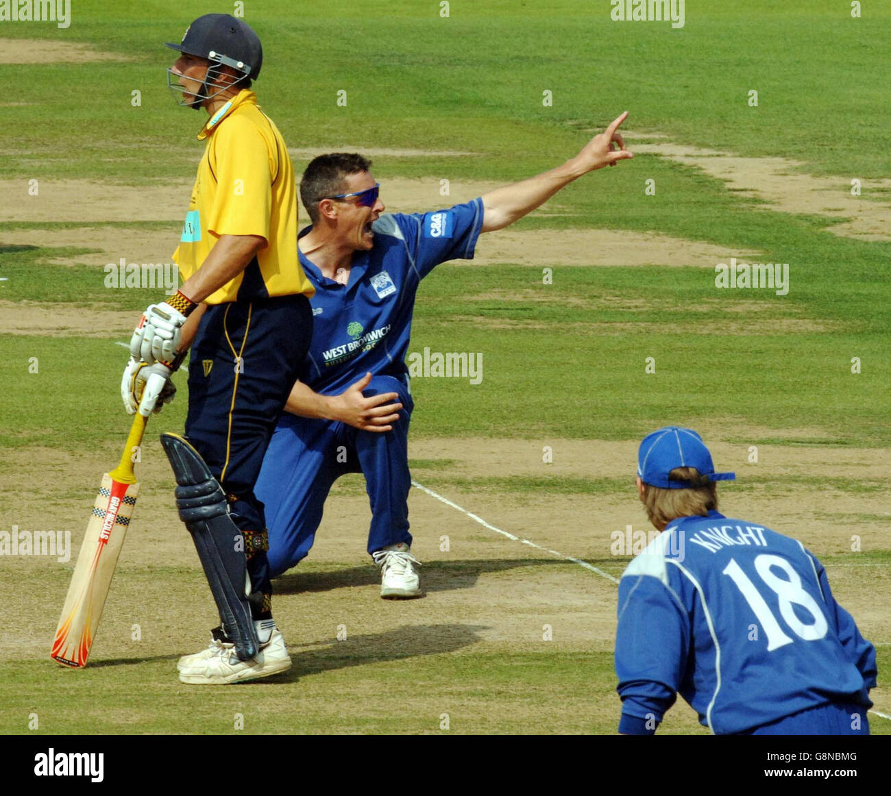 Warwickshire bowler Ashley Giles unsuccessfully appeals for the wicket ...