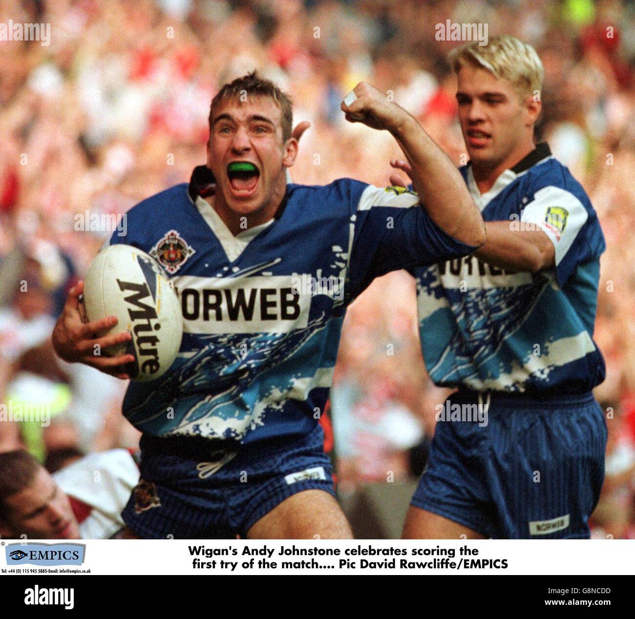 Wigan's Andy Johnson (left) celebrates with team-mate Gary Connolly ...