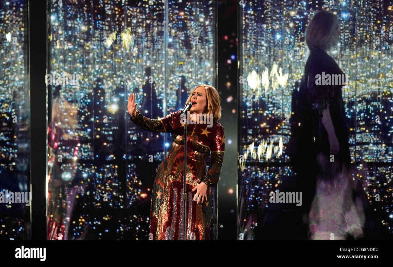 Adele performs on stage during the 2016 Brit Awards at the O2 Arena ...