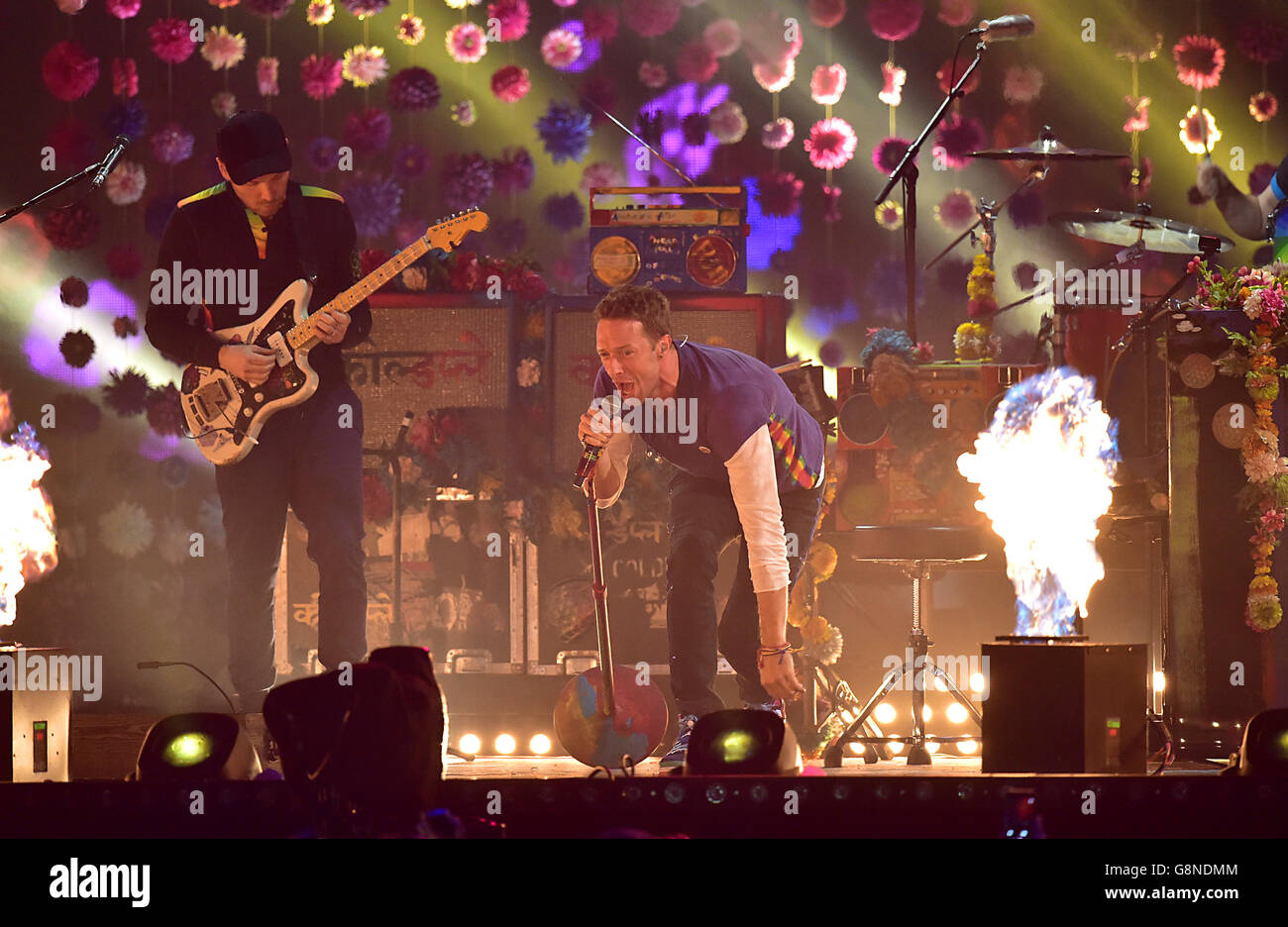 Coldplay perform on stage during the 2016 Brit Awards at the O2 Arena ...