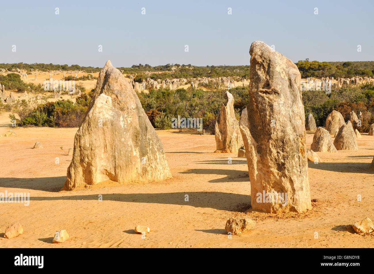 Unique limestone rock formations rising up out of the sand in the ...