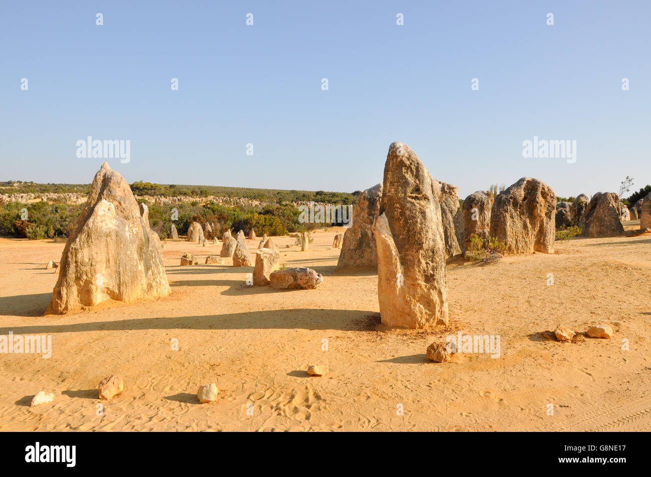 Unique limestone rock formations rising up out of the sand in the ...