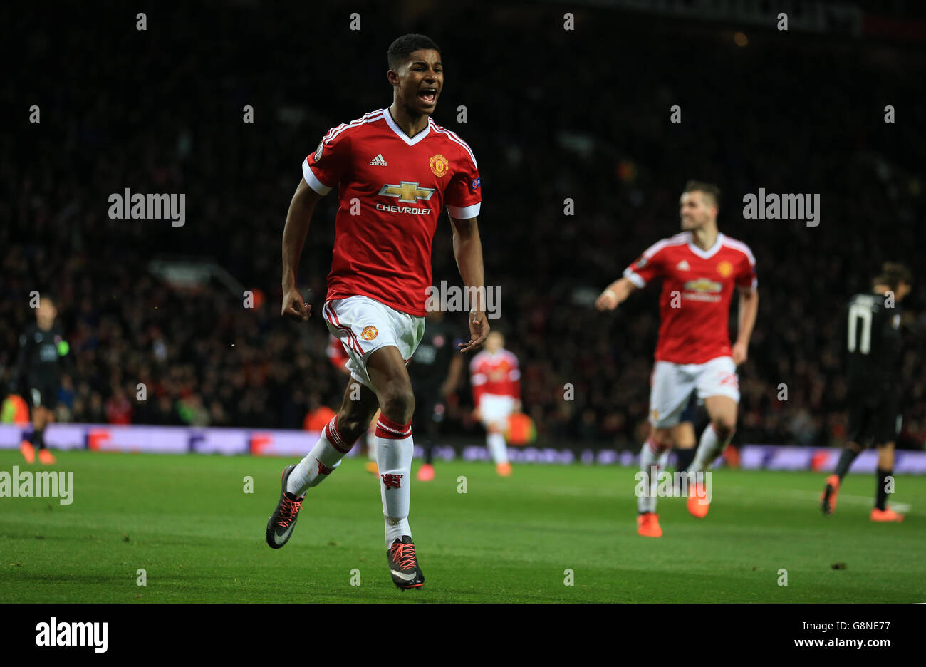 Manchester United's Marcus Rashford celebrates their second goal Stock ...