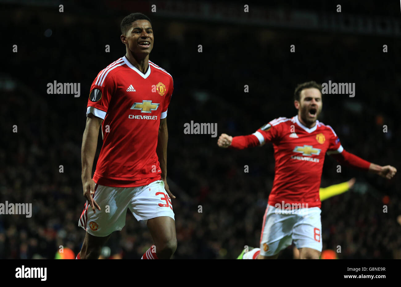 Manchester United's Marcus Rashford celebrates scoring his side's third ...