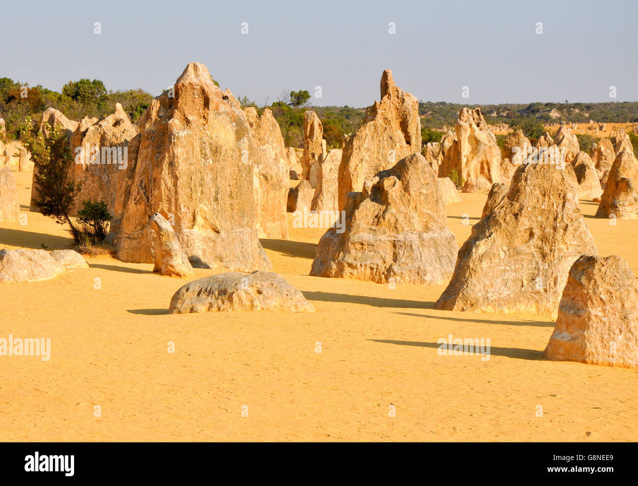 Unique limestone rock formations rising up out of the sand in the ...