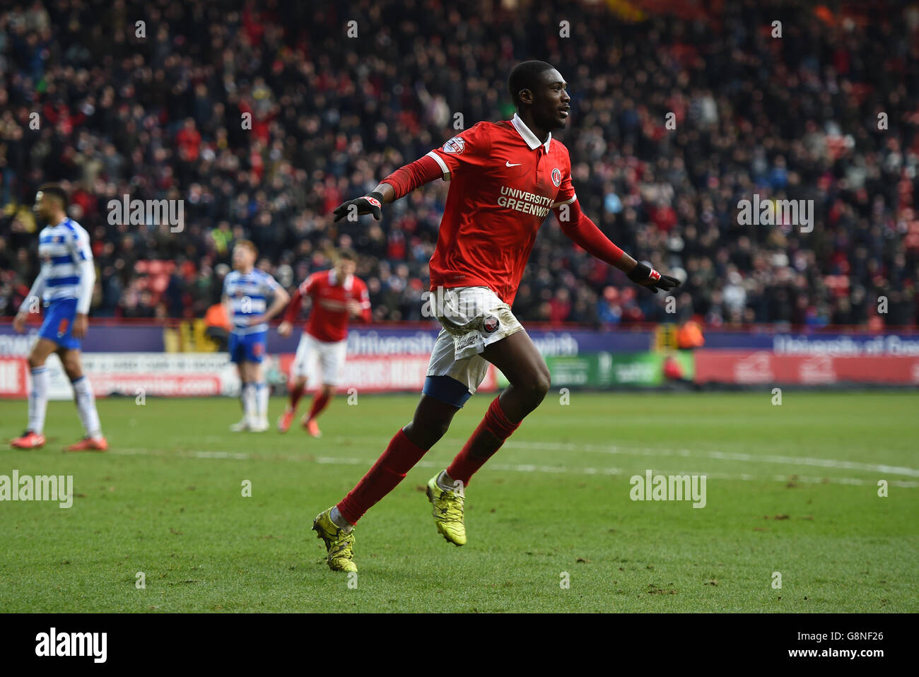 Charlton Athletic's Yaya Sanogo celebrates scoring their third goal ...