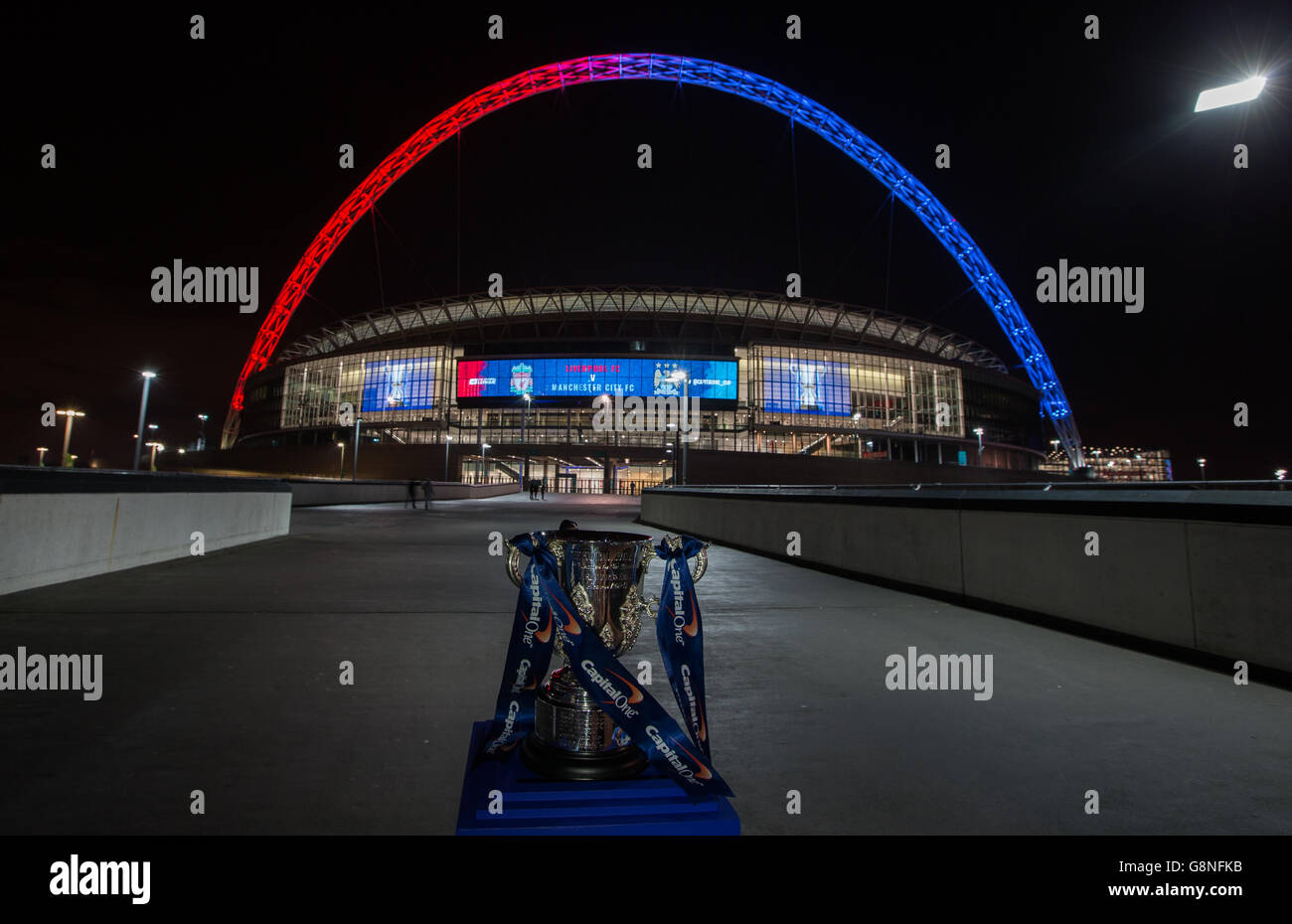 The Capital One trophy on it's plinth outside Wembley stadium as the ...
