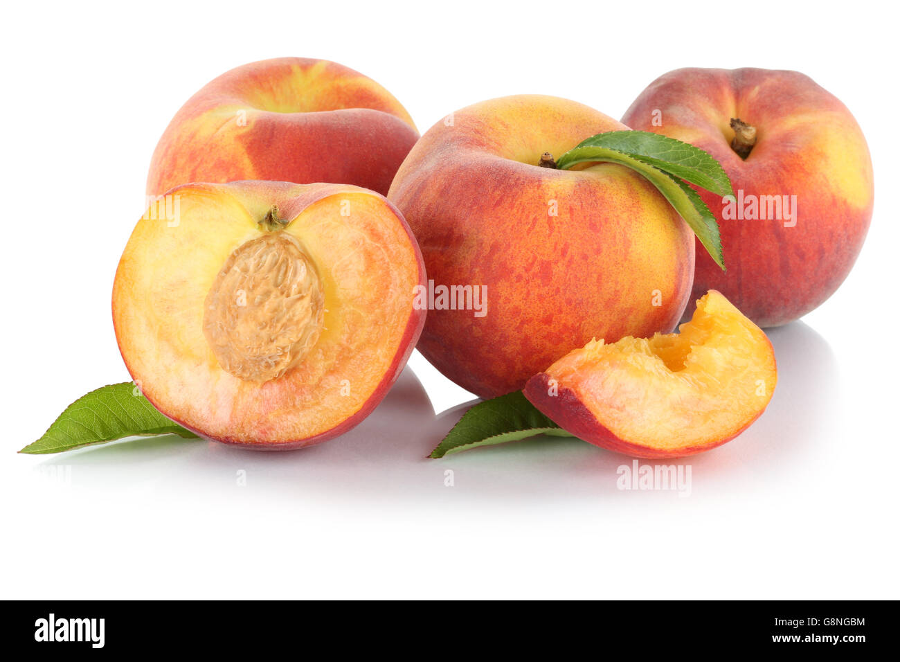 Peach peaches slice half fruit fruits leaves isolated on a white ...