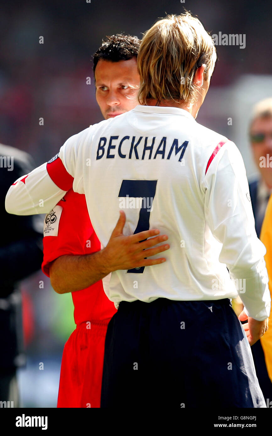 Wales' Ryan Giggs with former Manchester United team mate David Beckham ...