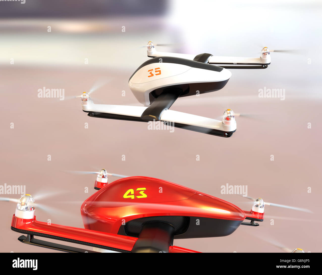 Racing drones chasing in the sky. 3D rendering image Stock Photo - Alamy