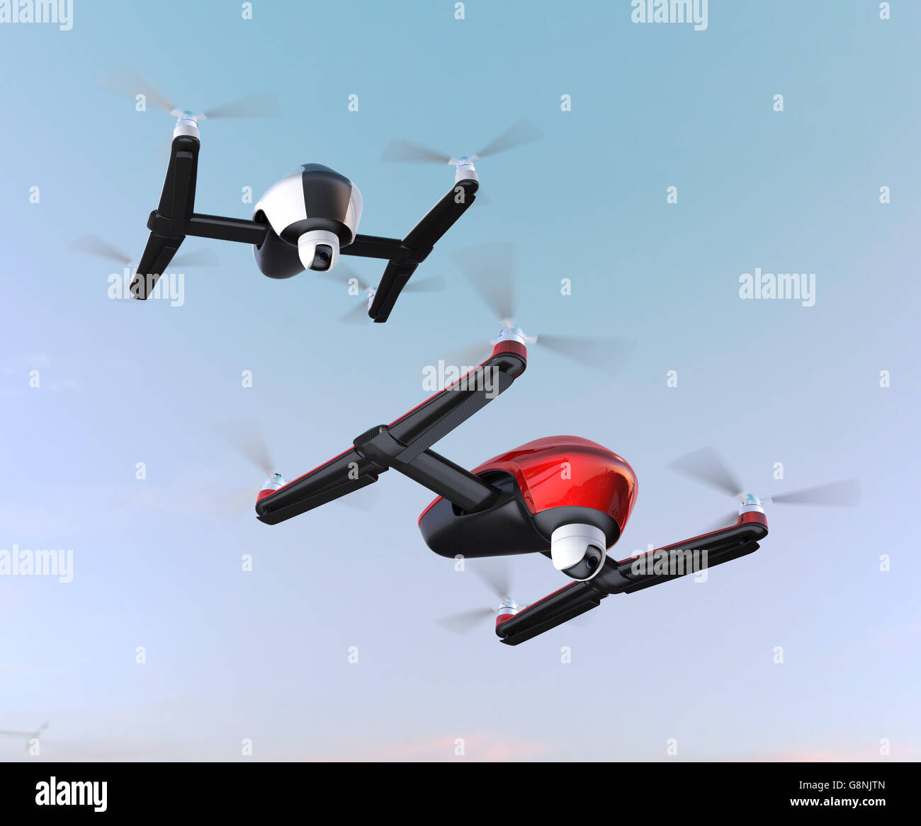 Security drones with camera flying in the sky. 3D rendering image Stock ...