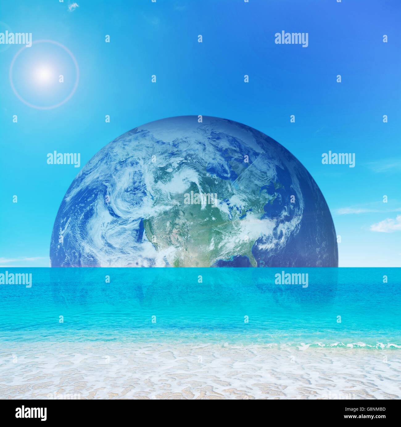 Planet emerging from the sea. Elements provided by NASA Stock Photo - Alamy