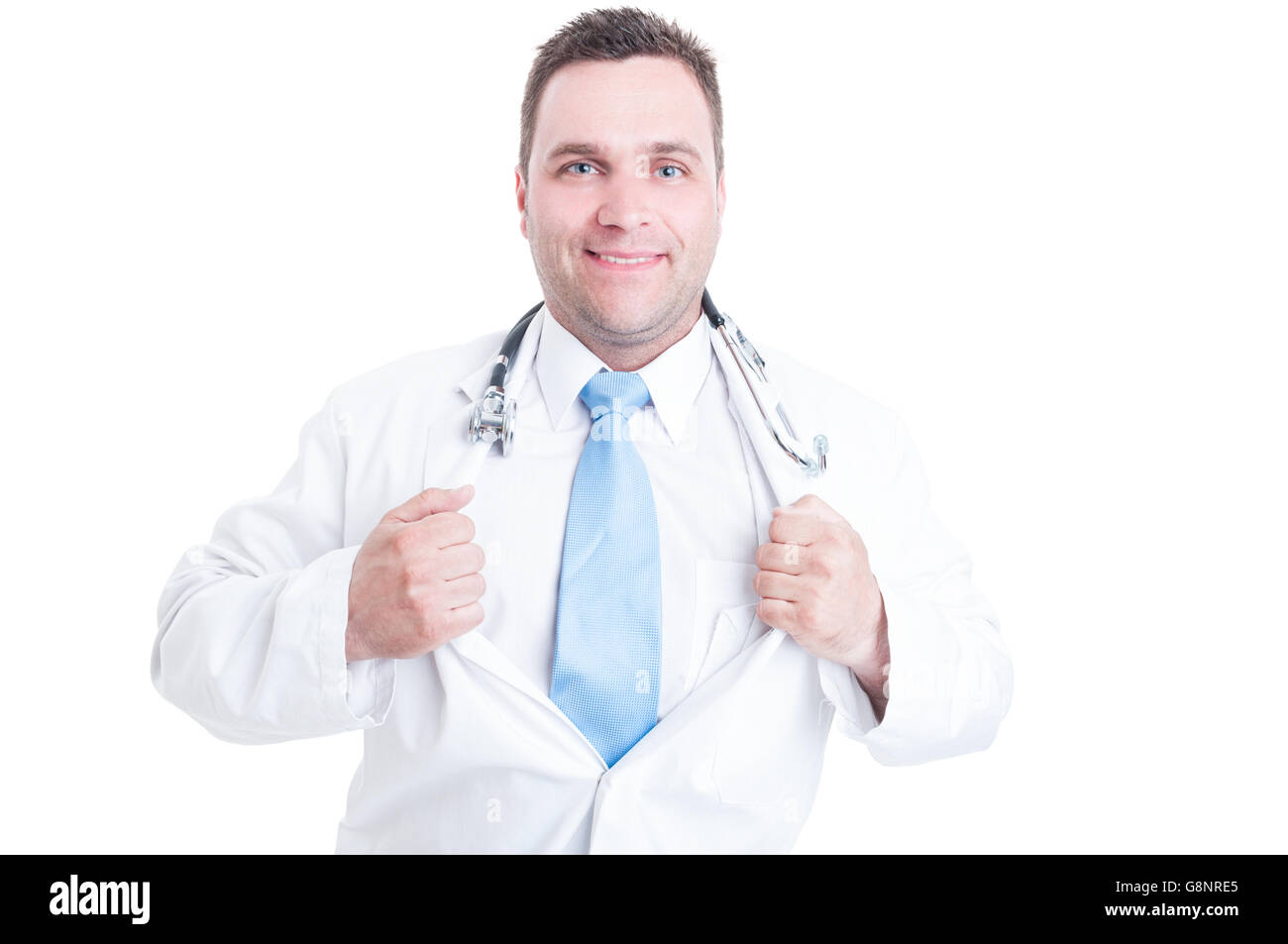 Male doctor or medic showing chest like super hero shot concept ...