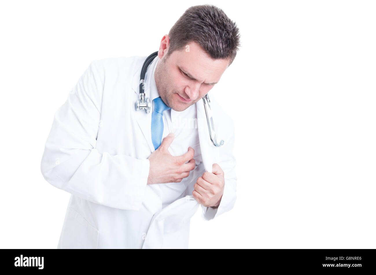 Male medic or doctor grabbing chest like having heart attack or infarct ...