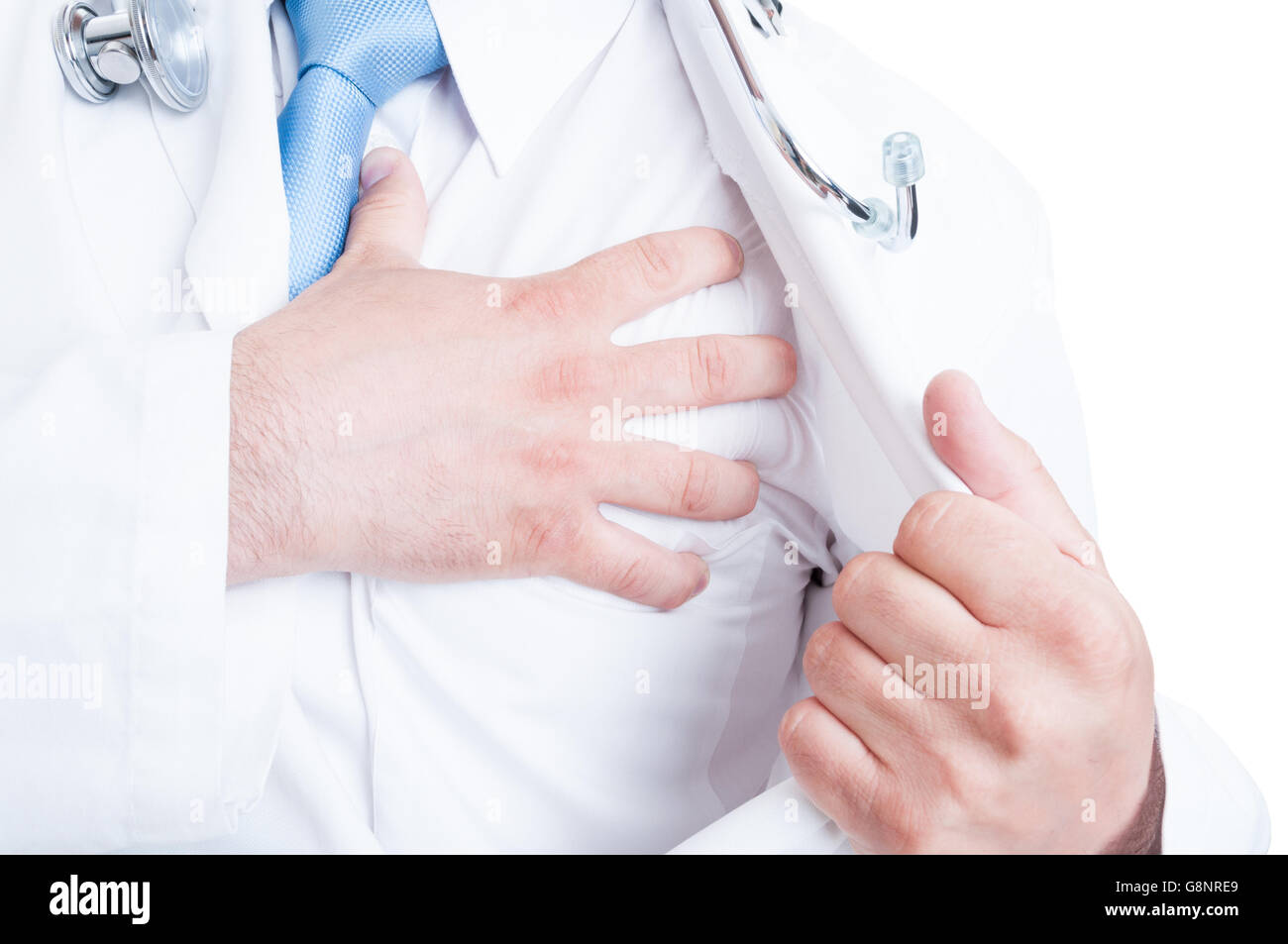 Close-up of medic or doctor grabbing chest like heart attack isolated ...